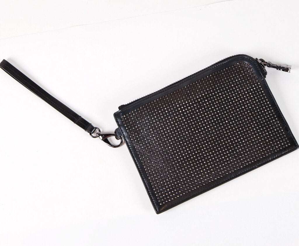 Black Leather Gunmetal Studded Wristlet