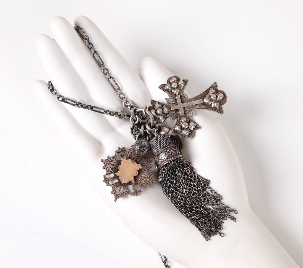Oxidized Sterling Necklace with Tassels Cross and Shield Charms