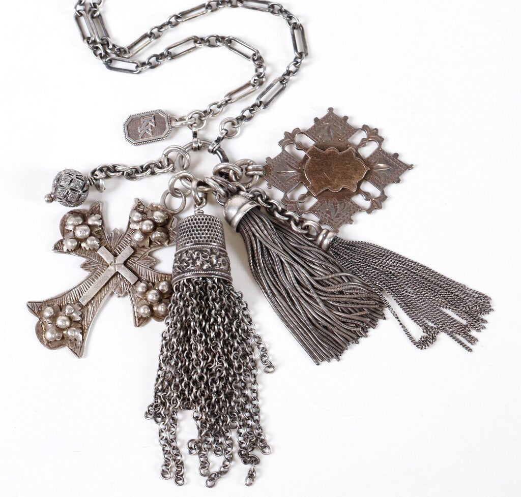 Oxidized Sterling Necklace with Tassels Cross and Shield Charms